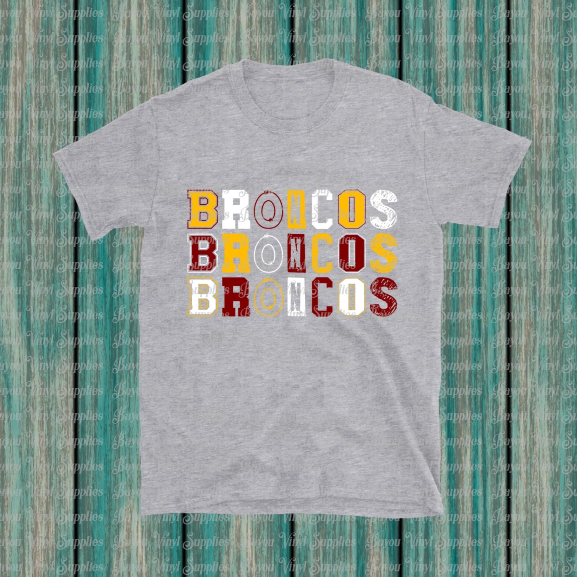 Broncos Maroon and Gold Varsity DTF Transfer | Bayou Vinyl Supplies